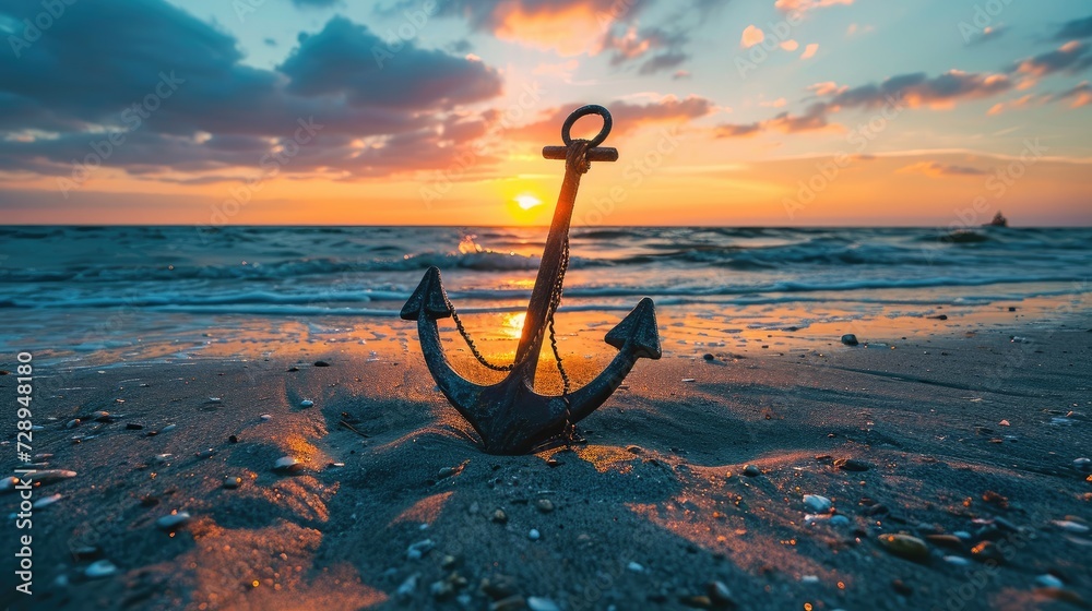 At sunset, an anchor rests on the sandy beach, a symbol of maritime ...