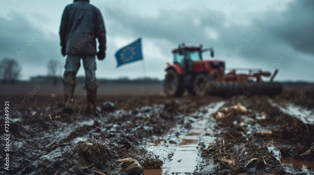 A hungry and desperate farmer faces thick mud in a sad scene with a ...