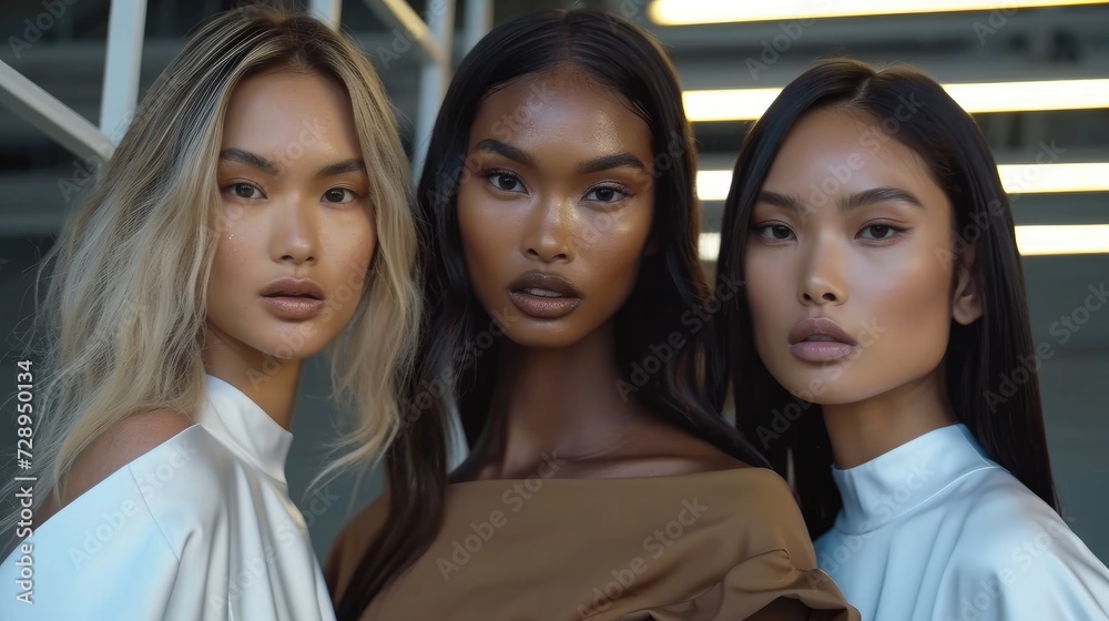 Three beautiful female models standing next to each other at a fashion ...