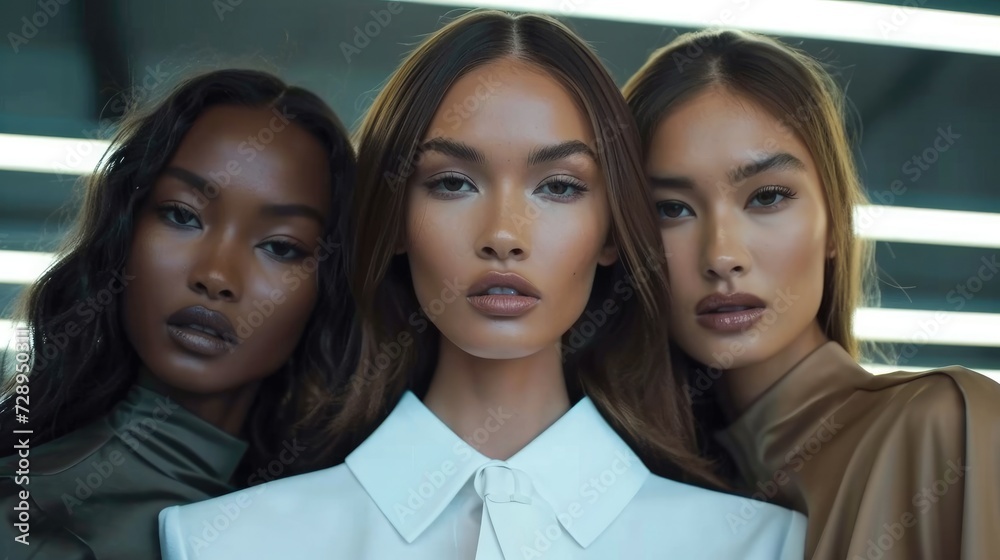 Three beautiful female models standing next to each other at a fashion ...
