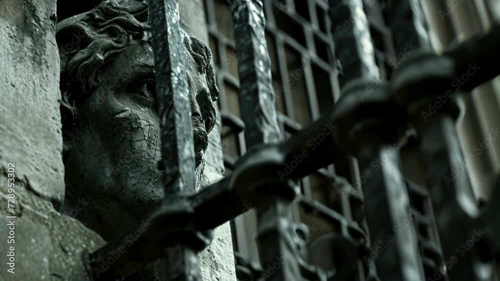 The angelic face of a somber figure peers out from behind a web of iron ...