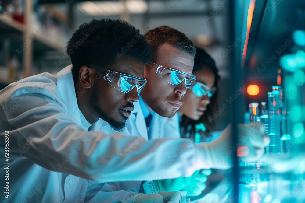 A diverse group of scientists collaborating on a complex research ...