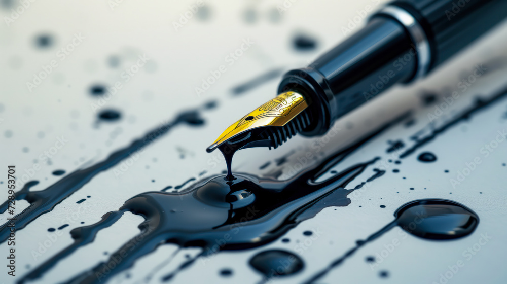 A sleek fountain pen elegantly drips rich black ink, ready to bring ...