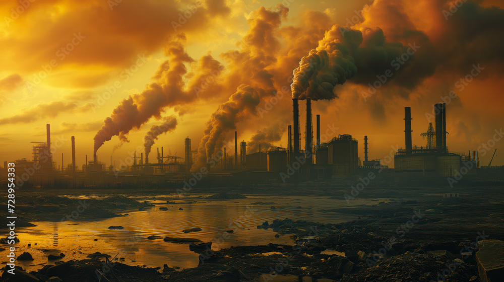 The sun sets over the polluted landscape, casting a fiery glow on the ...
