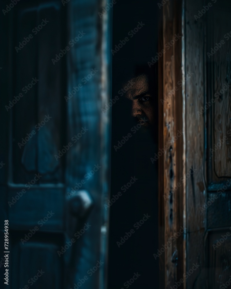 A scared man hides from the intruder silently behind the door. Man ...