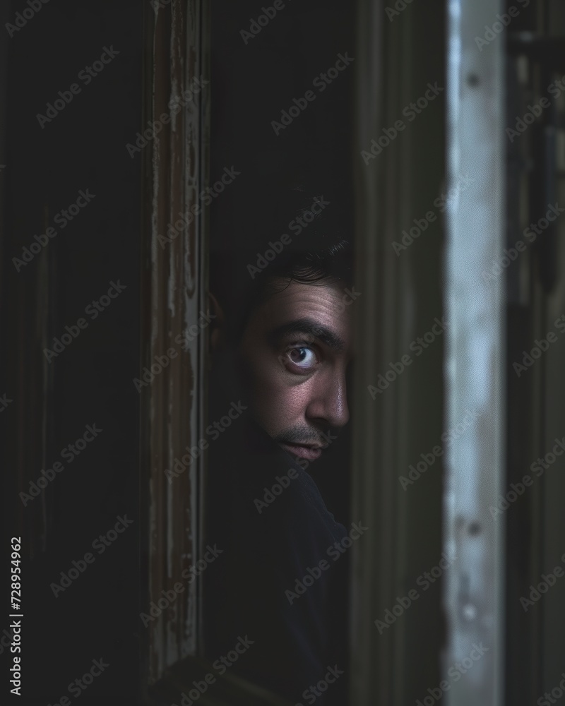 A scared man hides from the intruder silently behind the door. Man ...