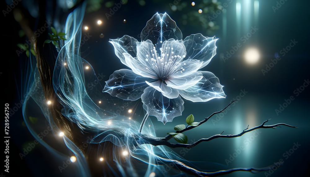 a futuristic, digitally translucent flower with glowing petals blooming ...