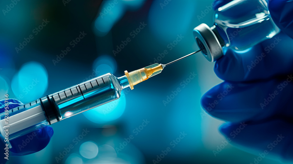 A pair of hands in blue vinyl gloves wield a syringe to extract ...