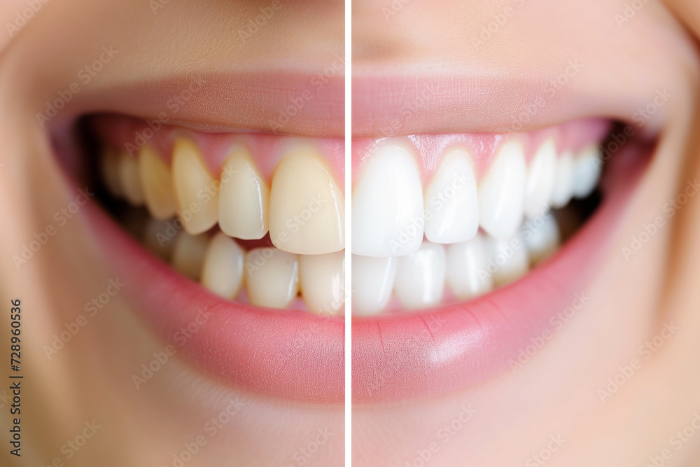 Close-up comparison image showing teeth before and after whitening ...
