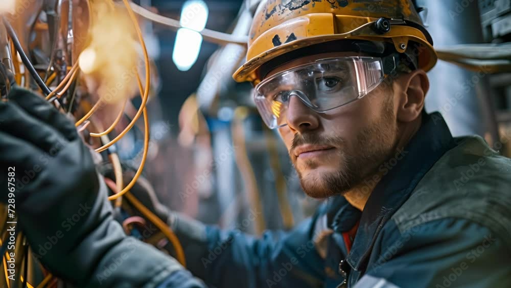 A portrait of a male electrical engineer wearing safety glasses and ...