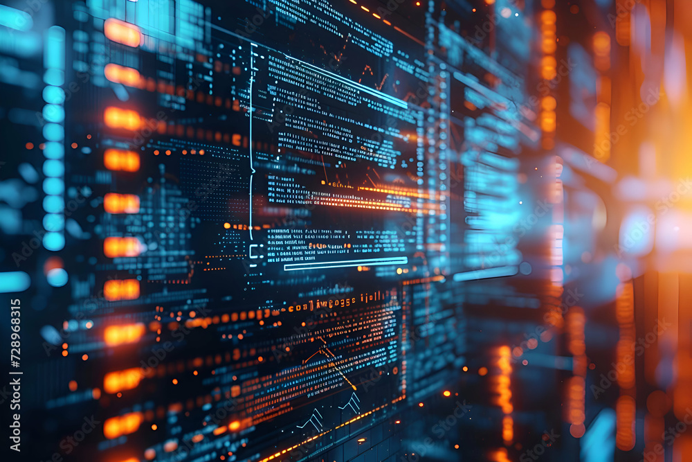 Illustration of a futuristic AI coding interface with holographic displays of code and ...