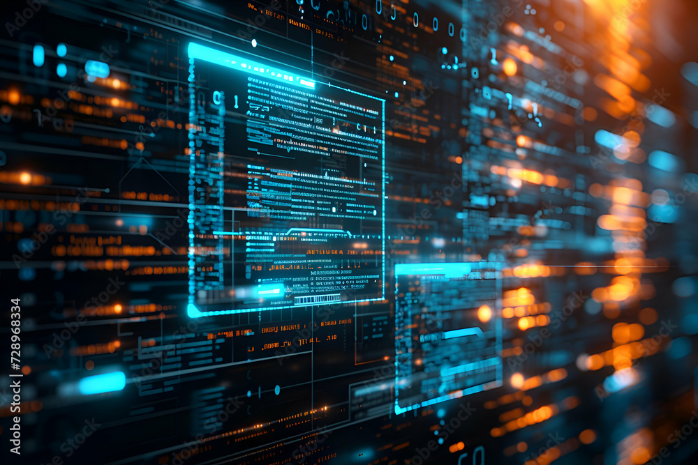 Illustration of a futuristic AI coding interface with holographic ...