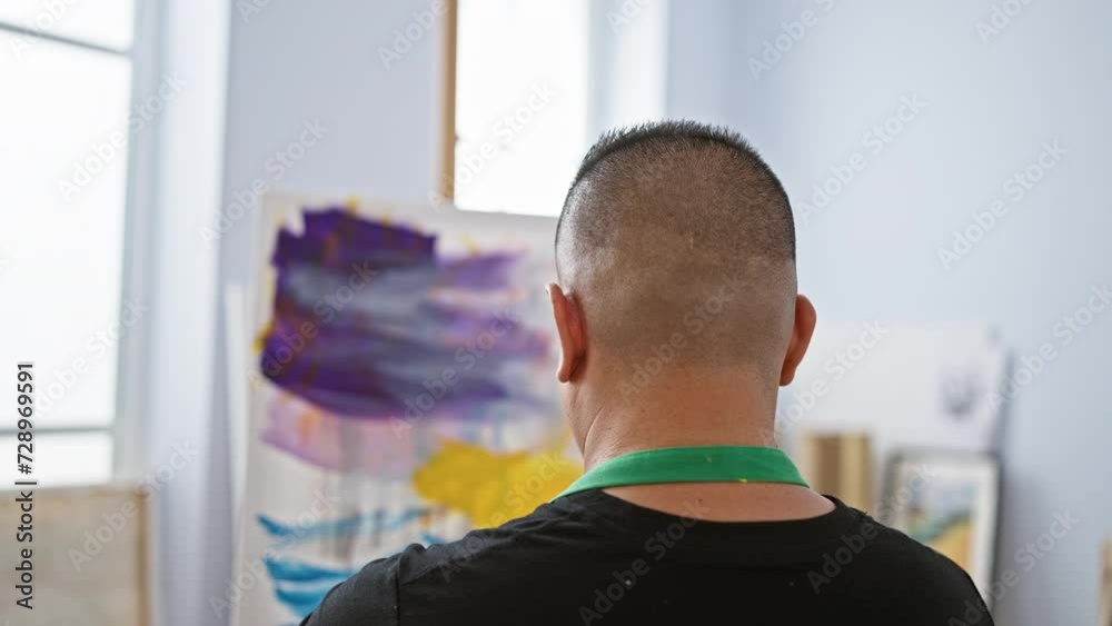 Passionate young latin artist, brush in hand, sets up his canvas to ...