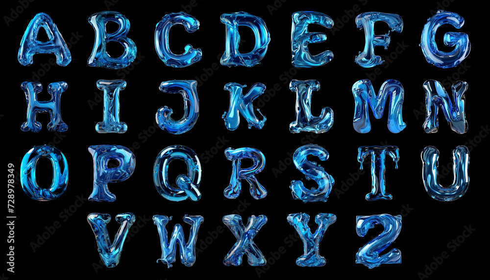 Liquid fonts set. English alphabet uppercase letter in aquatic style ...