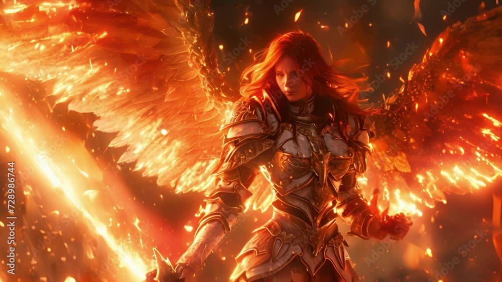 Vidéo Stock A fierce angel donning dark red armor with wings of fire ...