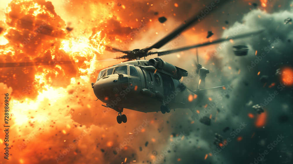 Military attack helicopters in combat attempting to evade incoming fire ...