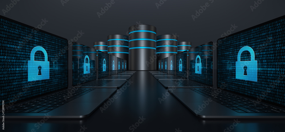 Two rows of laptop devices with a Digital Lock icon on their screens ...