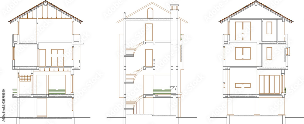 Vector sketch illustration of modern house section architectural ...
