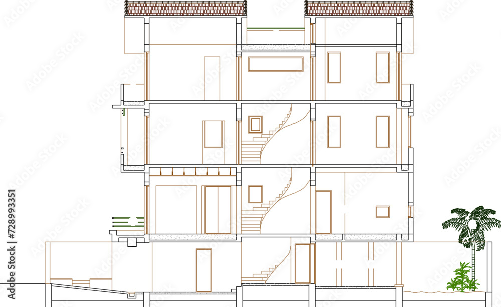 Vector sketch illustration of modern house section architectural ...