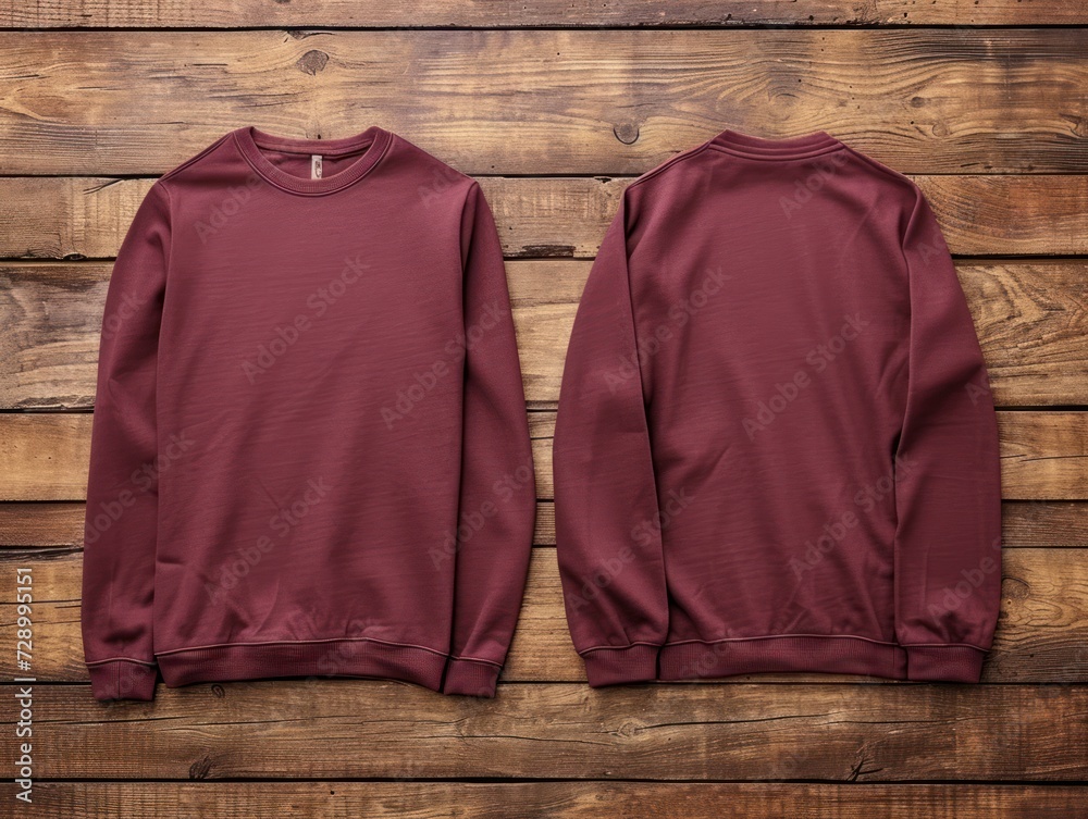 Blank Maroon Long Sleeve T Shirt Mockup Front and back on Wooden ...