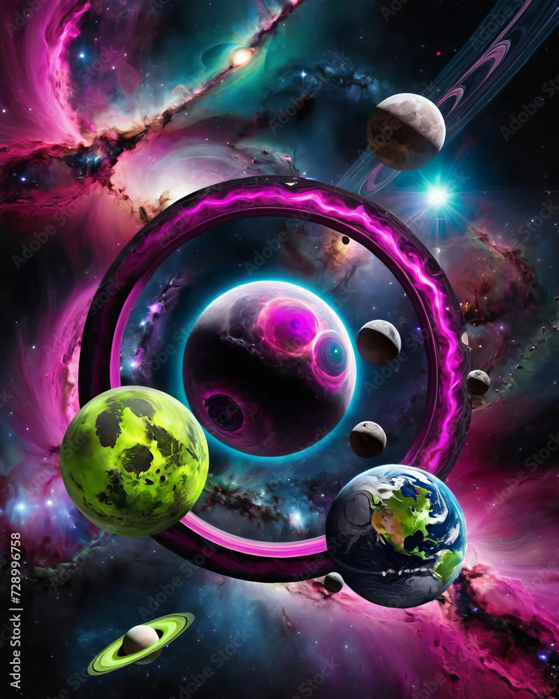 Celestial Symphony - Unreal cosmic collage art with orbiting satellites ...