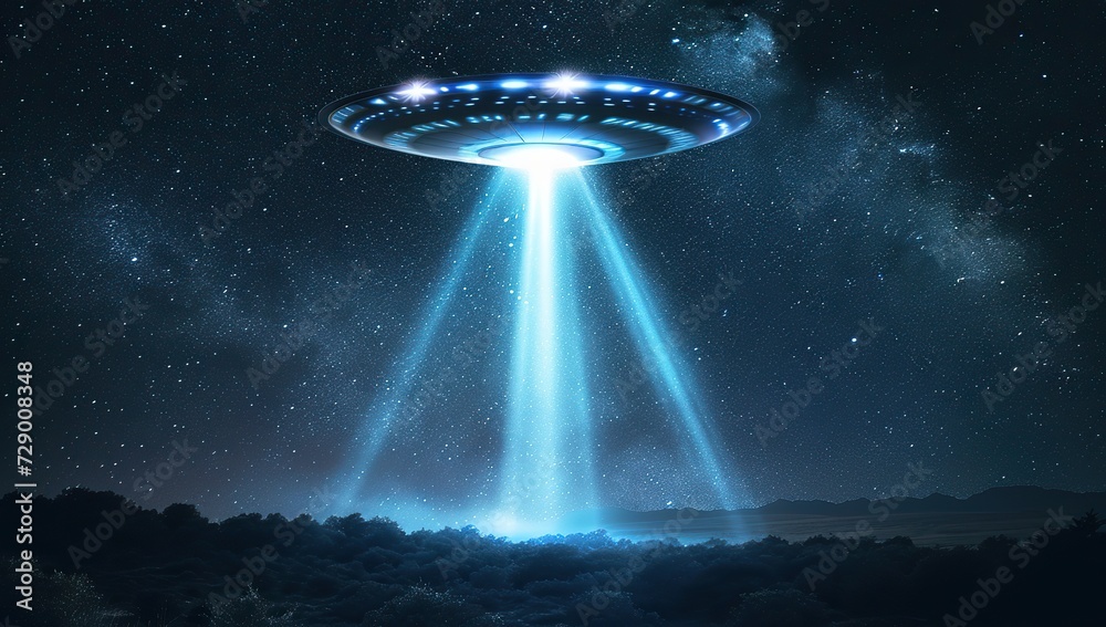 Alien spacecraft with beams of light in the night sky. The concept of ...