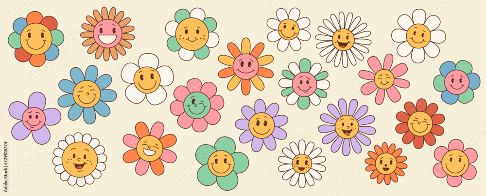Retro groovy daisy sunflower, cute happy flower characters isolated ...