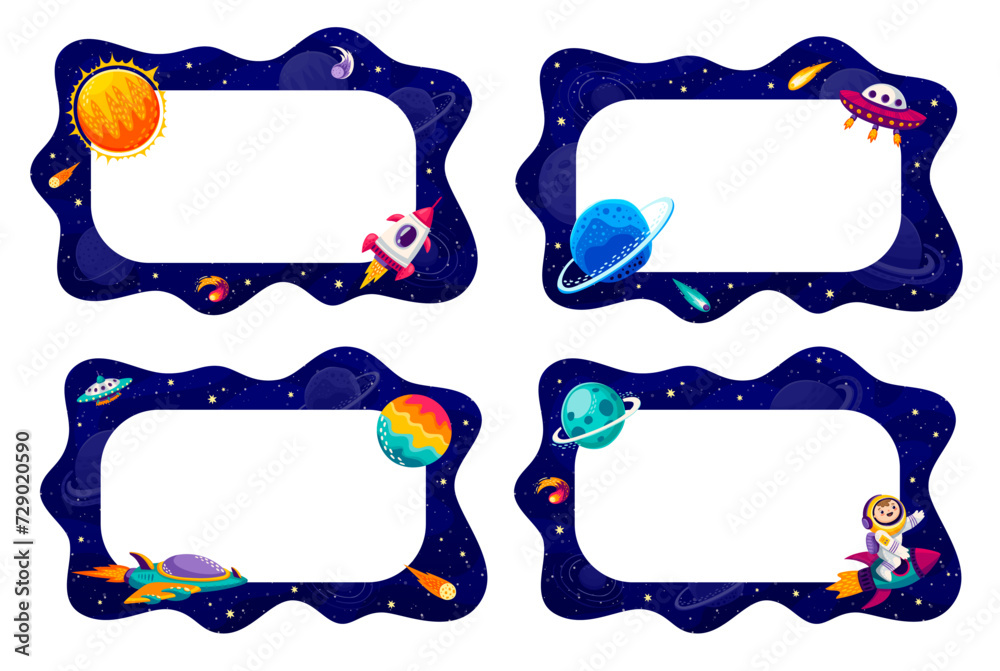 Border frames with galaxy space landscape, planets and stars, starships ...