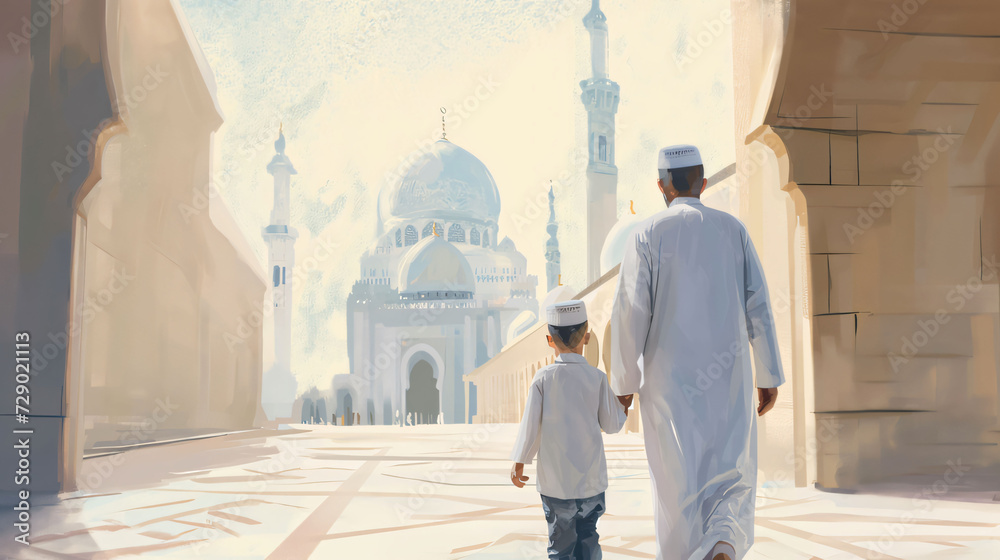 Generative ai illustration of a father taking his child to the mosque ...