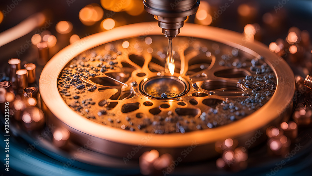 Macro scene of hi-precision nano CNC milling machine cutting the copper ...