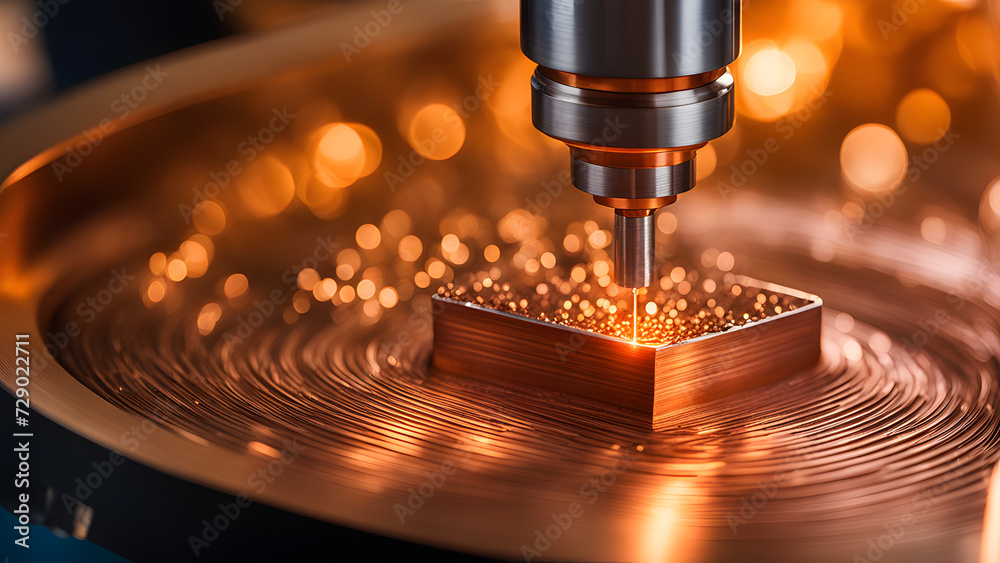 Macro scene of hi-precision nano CNC milling machine cutting the copper ...