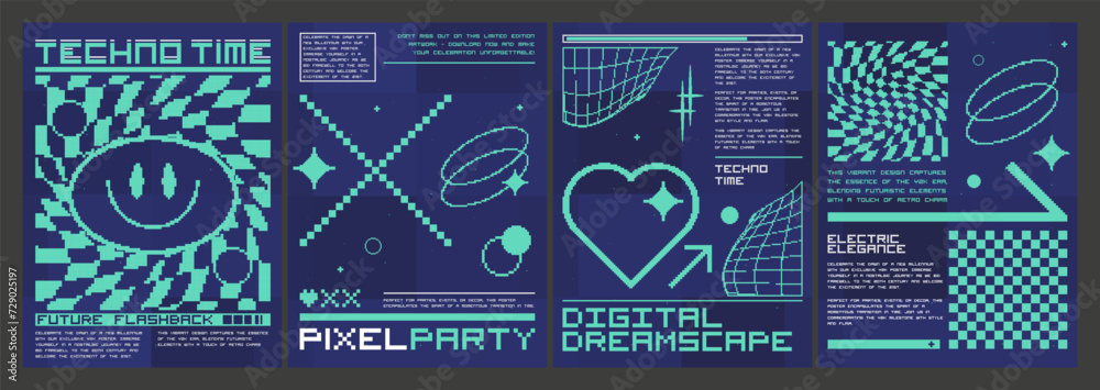 Y2k vibe flyers collection. Vector illustration of retrowave aesthetic ...