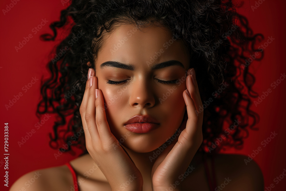 A vulnerable woman, with closed eyes and hands covering her face, showcases her unique features ...