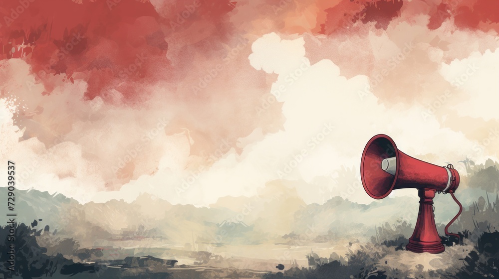 Vintage red megaphone with an empty speech bubble, in a rustic ...