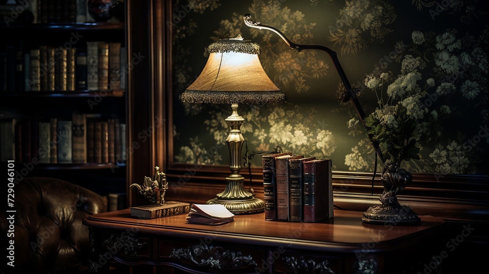 Dimly lit corner of an old library, with ornate wallpaper and a classic ...