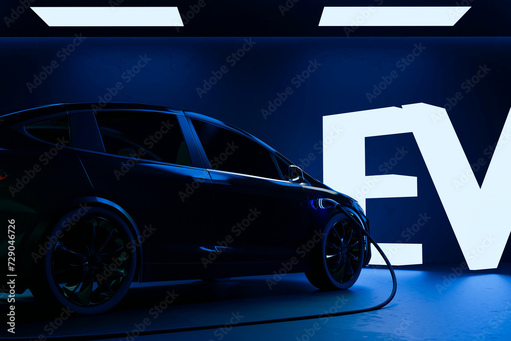 3D Rendering : Illustration of Ev car parking and charging. Red luxury ...