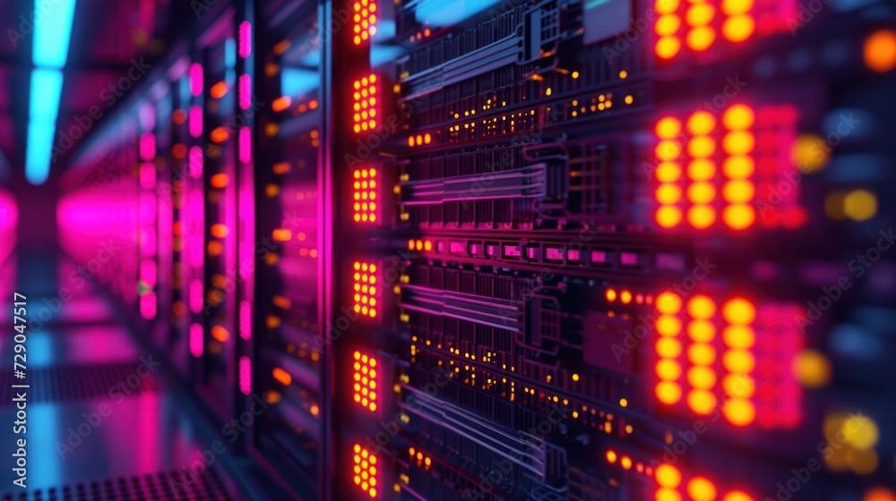 The intense red LED lights cast a glow on the high-capacity server ...