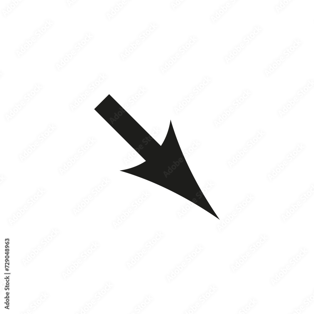 Thin straight diagonal arrow to the right and down. Vector symbol ...