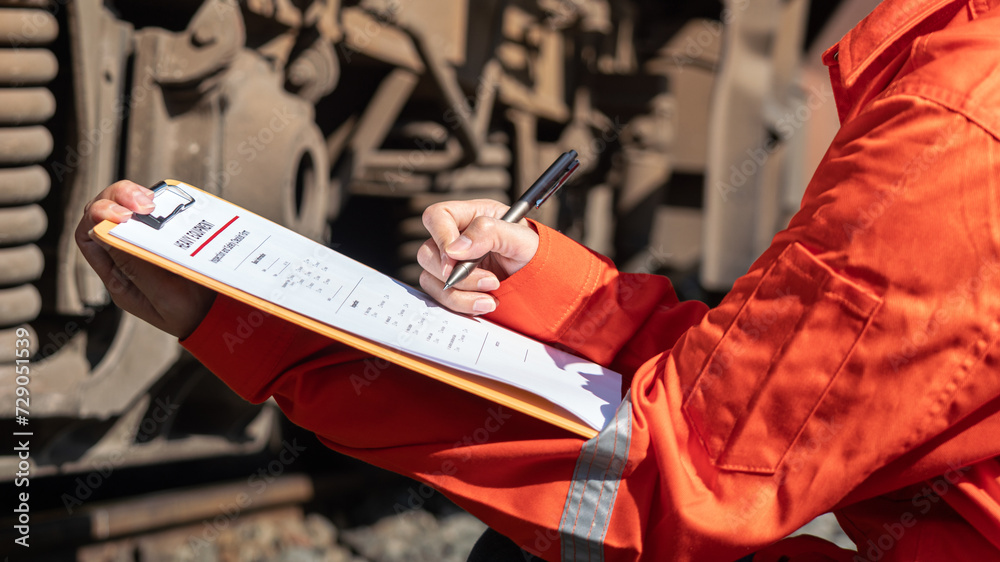 Action of a mechanic engineer is checking on heavy machine checklist ...