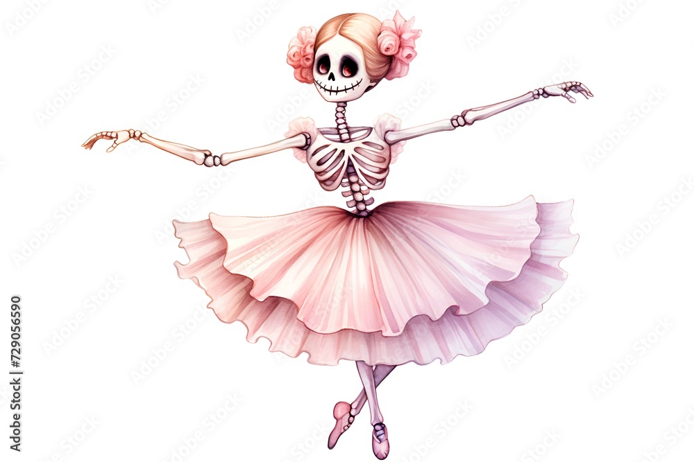 Cute cartoon skeleton girl in pink tutu dancing on white background ...