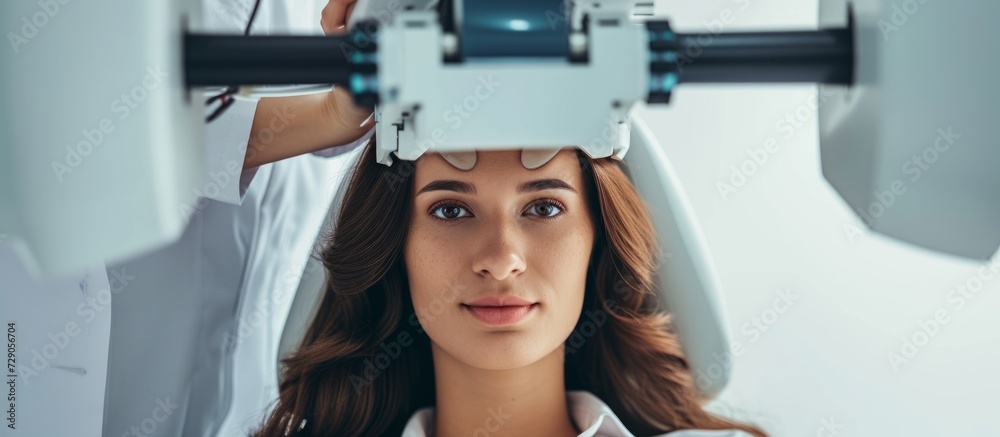 Female patient having scanning device positioned on her head by doctor ...