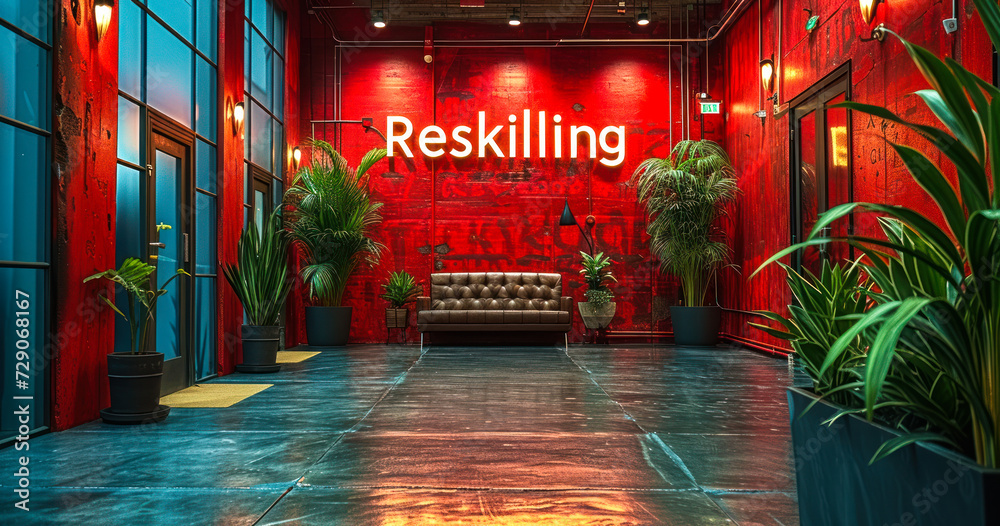 Illuminated 'Reskilling' neon sign in a corporate office hallway ...