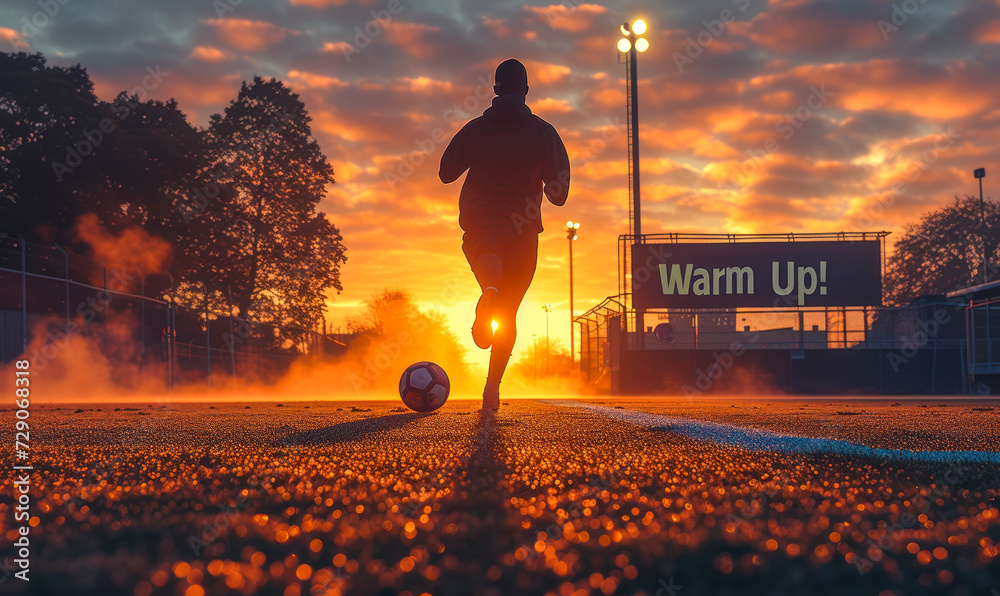Athlete performing a dynamic warm-up with a soccer ball on the field ...
