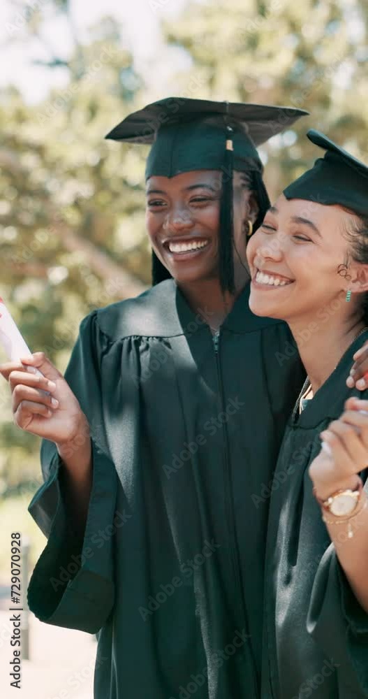Women, friends and graduation with smile for education celebration or ...