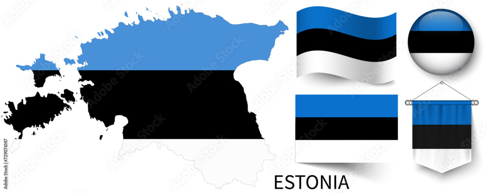 The various patterns of the Estonia national flags and the map of the ...