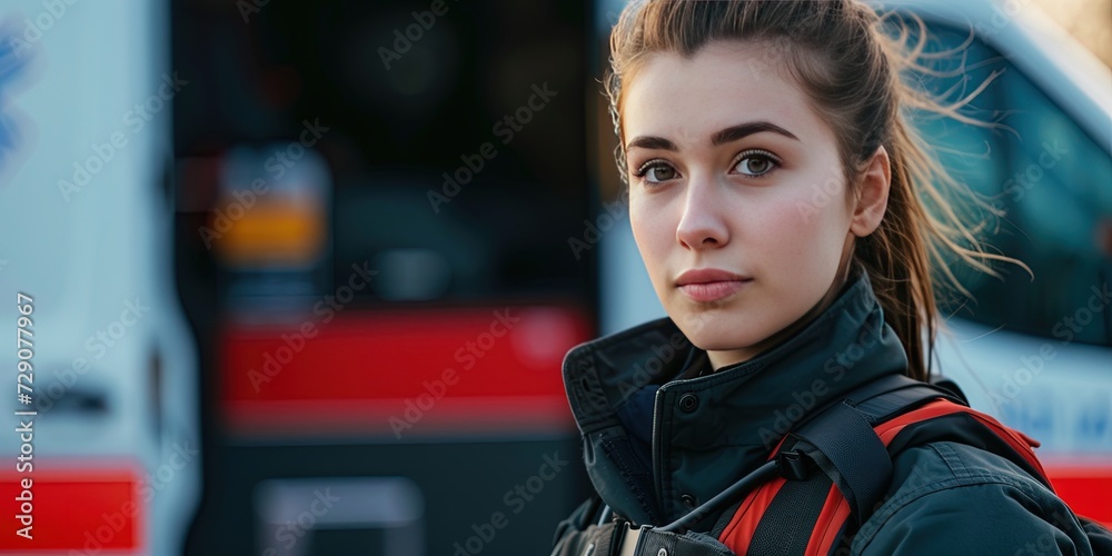 Friendly EMT (Emergency medical technician) standing in front of ...