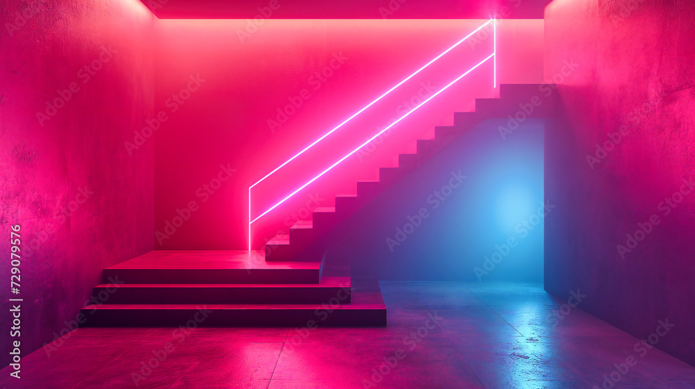 Modern neon light display in a glowing blue room, showcasing a ...