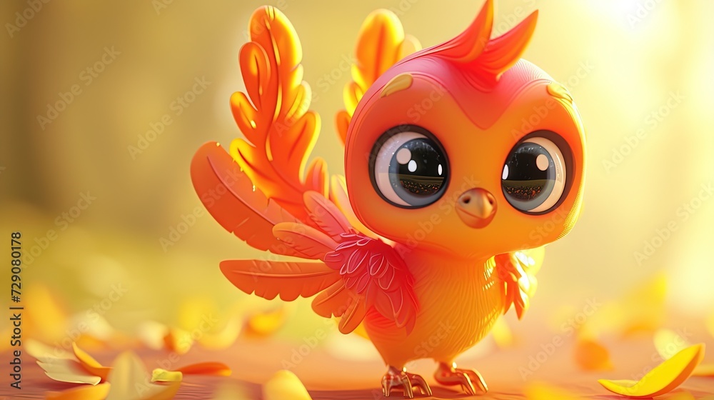 Baby phoenix bird - orange feathers ready to flame on in 3D rendered ...