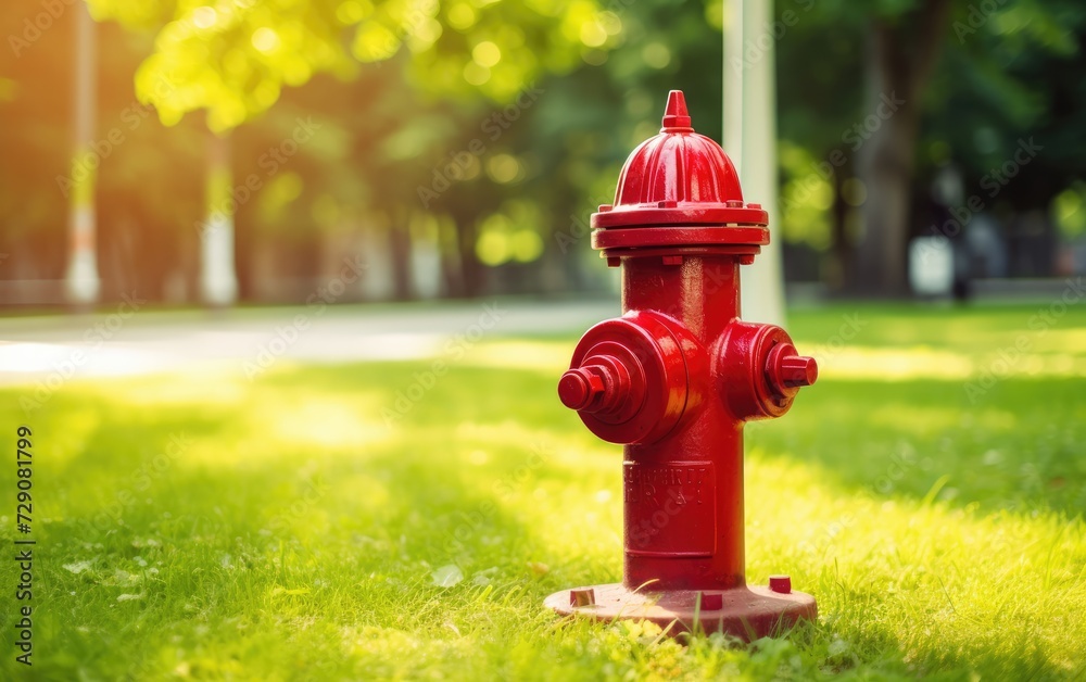 Foto de Fire safety. Red fire hydrant standing in park grass field ...