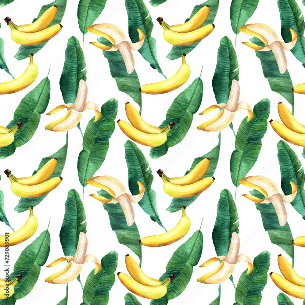Watercolor seamless pattern with banana tree leaves and fruit banana ...